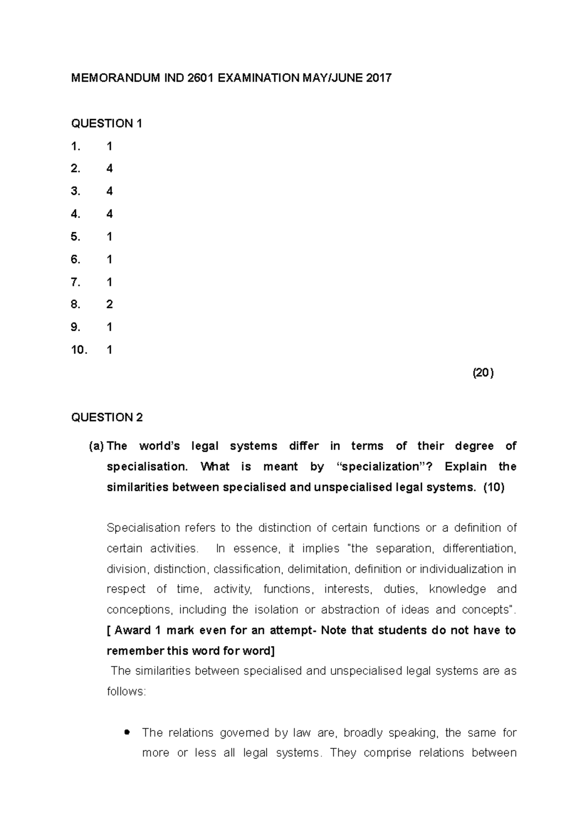 Memorandum IND 2601 Examination MAY 2 - MEMORANDUM IND 2601 EXAMINATION MAY/JUNE 2017 QUESTION 1 ...