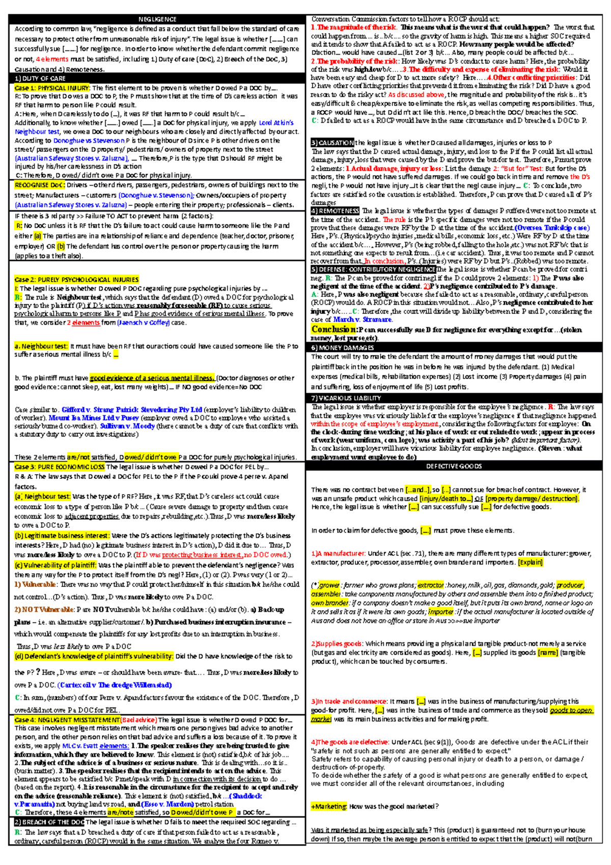Cheat sheets for finals - NEGLIGENCE According to common law ...