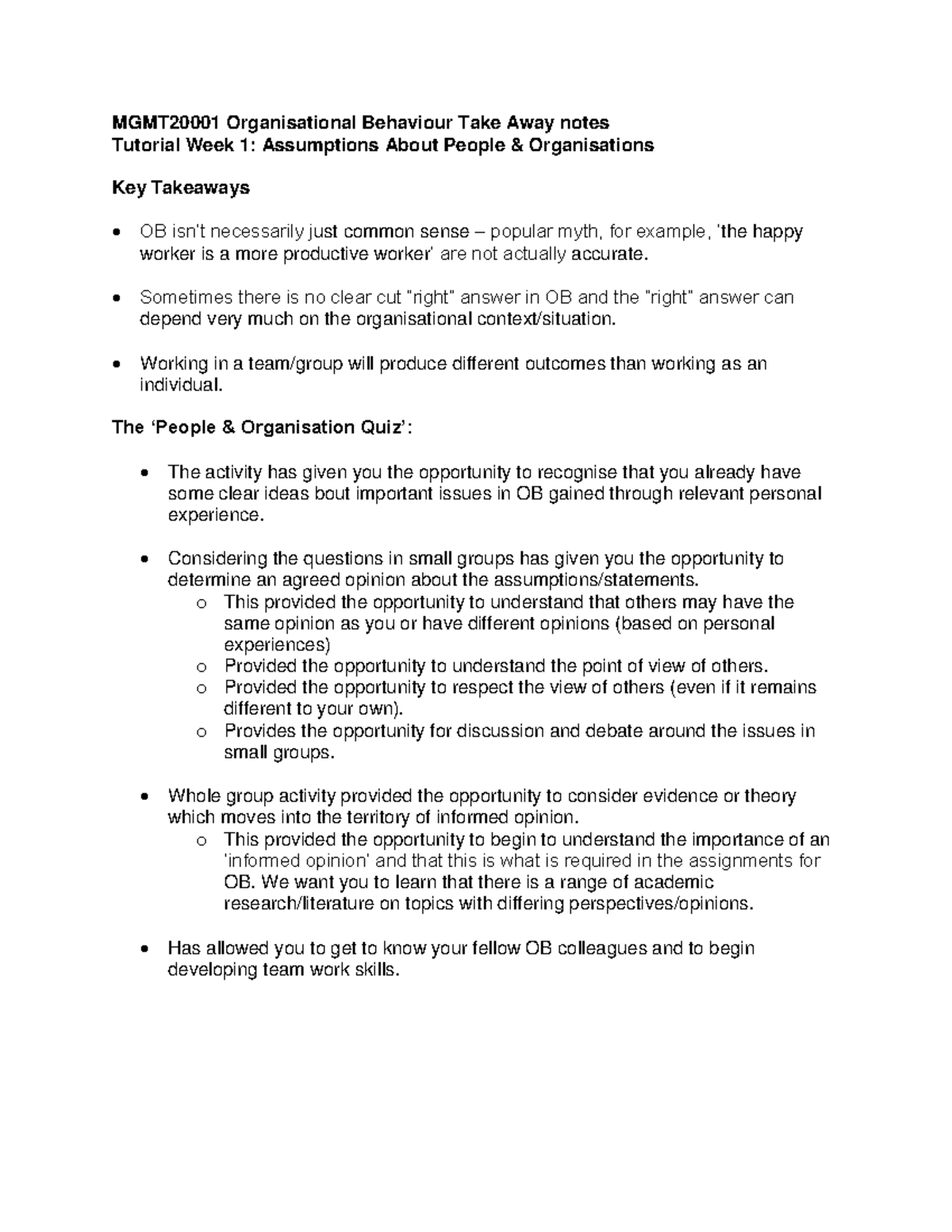 T1 - Takeaway Notes - Organisational Behaviour Take Away notes Tutorial ...