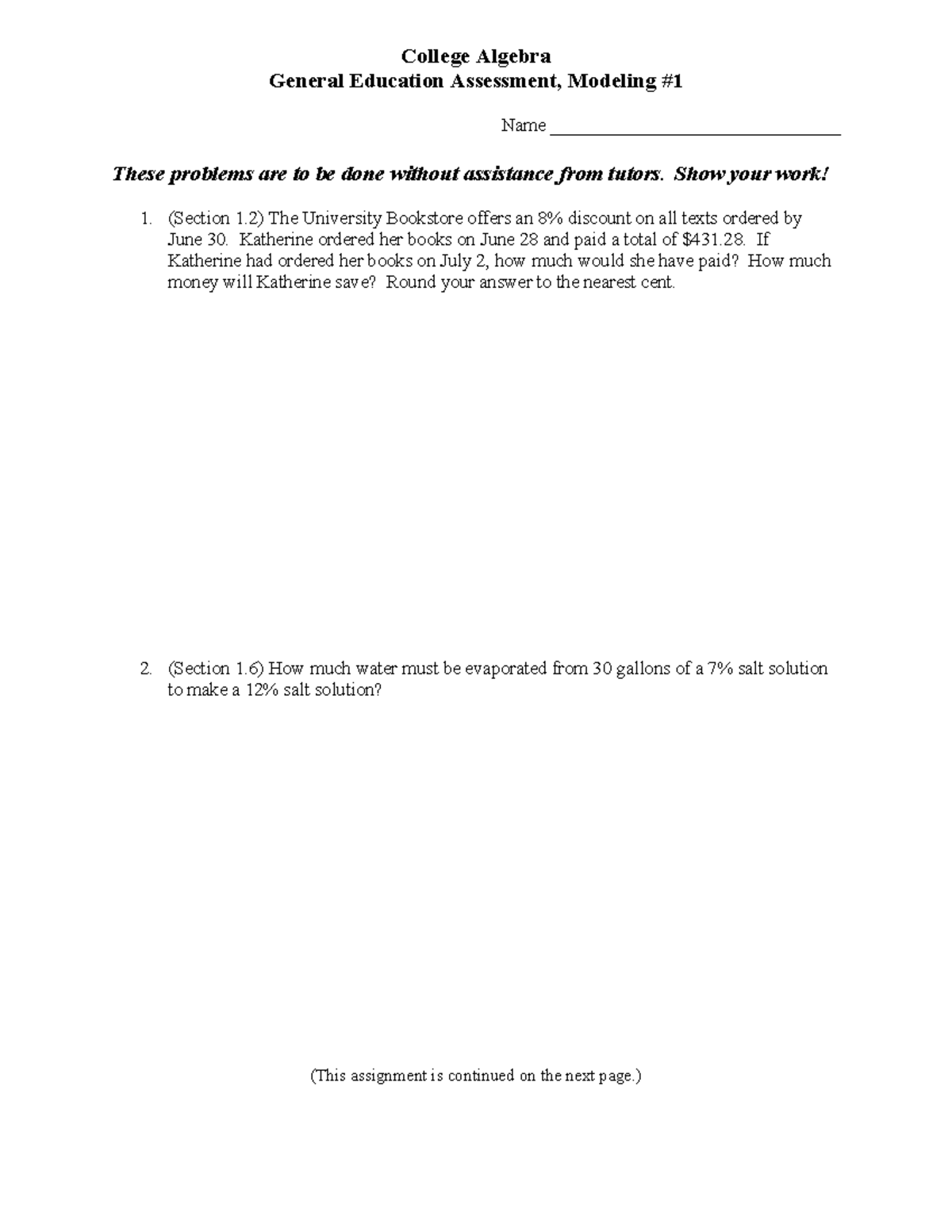 College Algebra Sum2021 Model assessment 1 - College Algebra General ...