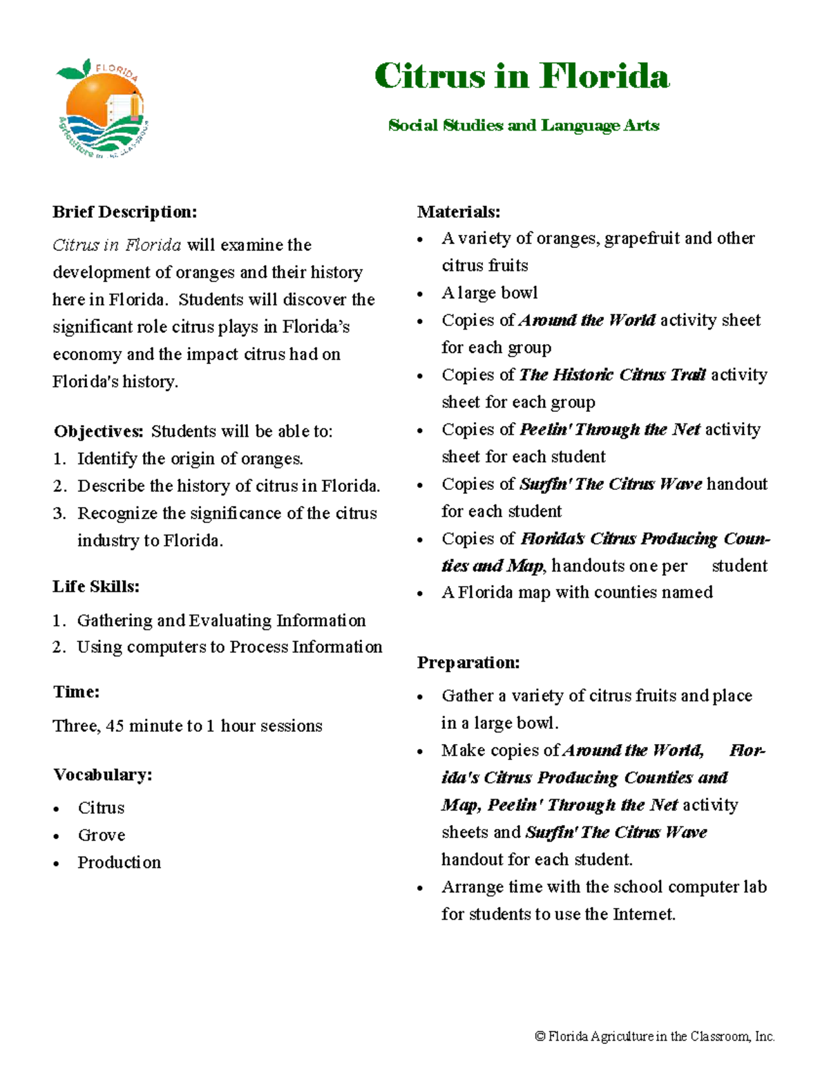 Citrus in Florida Lesson 1 - Citrus in Florida Social Studies and ...