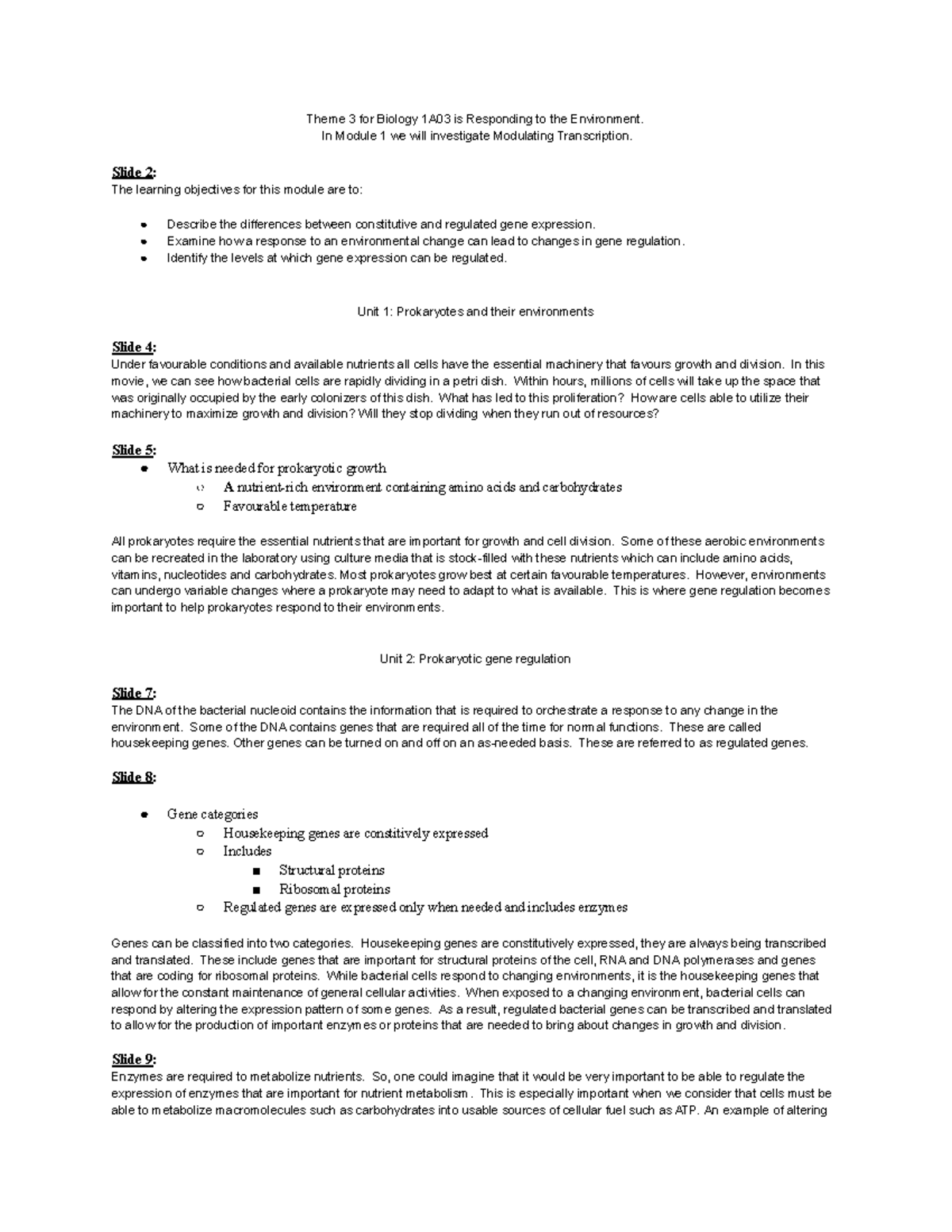 Theme 3 Module 1-2 - Theme 3 for Biology 1A03 is Responding to the ...