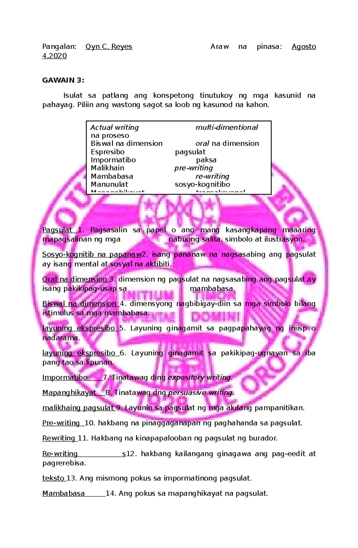 Reyes Module 1 Gawain 3 - lecture notes - Pangalan: Qyn C. Reyes Araw ...