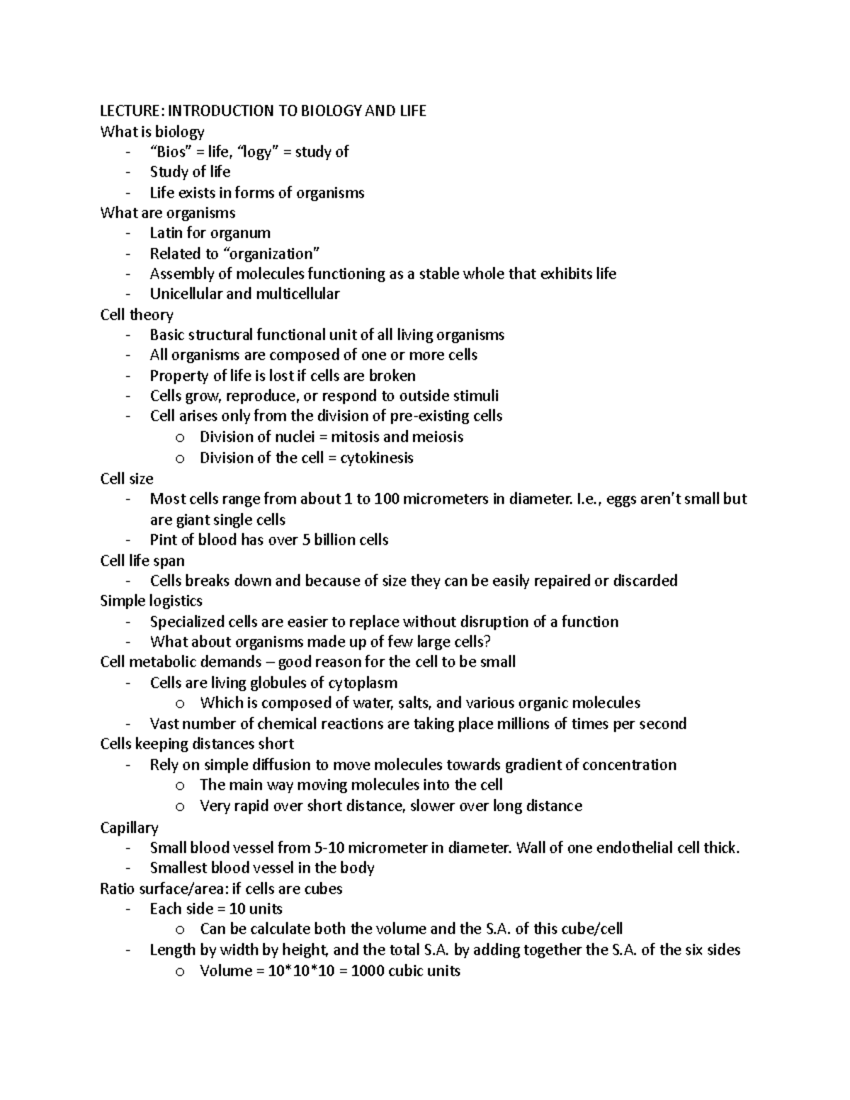 BIO 120 - notes - LECTURE: INTRODUCTION TO BIOLOGY AND LIFE What is ...