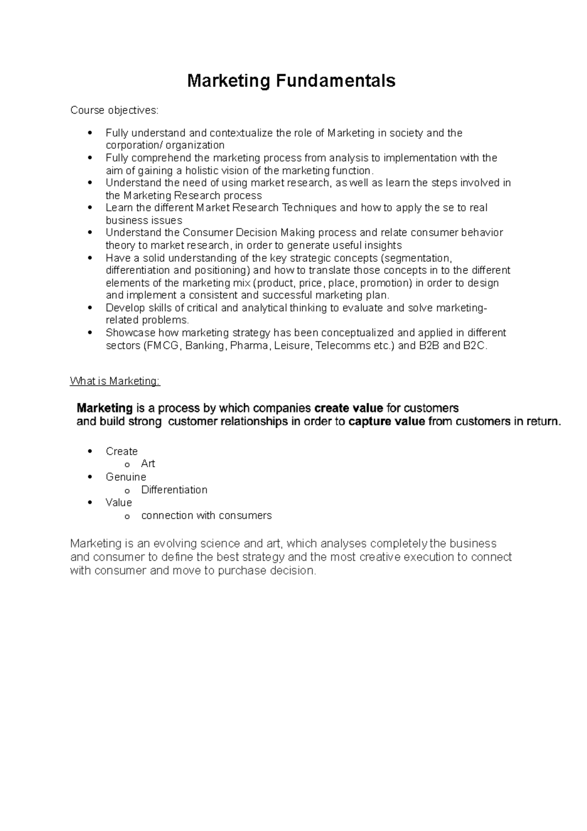 Marketing Fundamentals notes - Marketing Fundamentals Course objectives ...