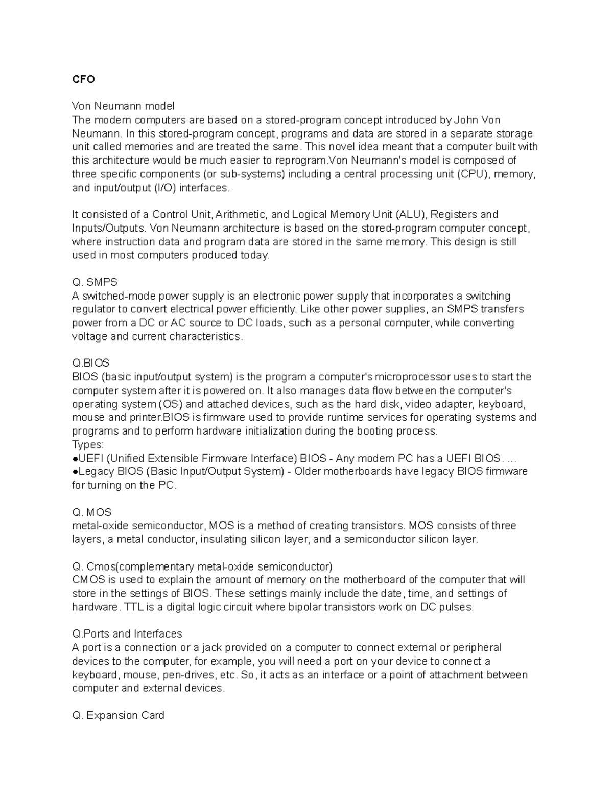 CFO - Programming - CFO Von Neumann model The modern computers are based on a stored-program ...