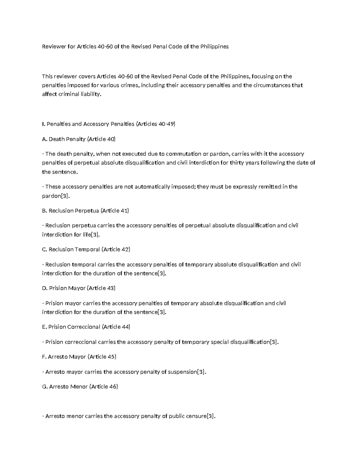 Article 40-60 - I. Penalties and Accessory Penalties (Articles 40-49) A ...