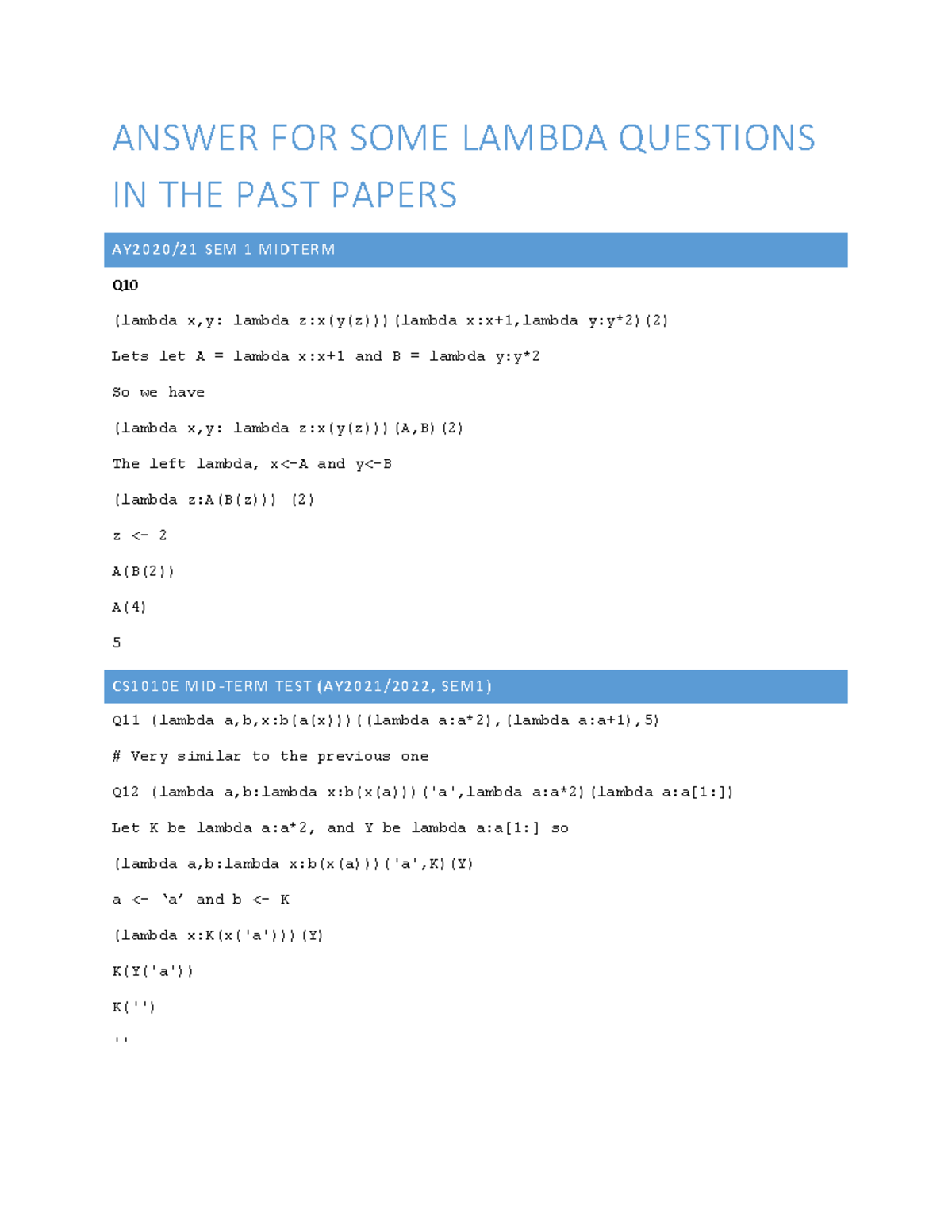 Answer for Some Lambda Questions in the Past Papers - ANSWER FOR SOME LAMBDA QUESTIONS IN THE ...