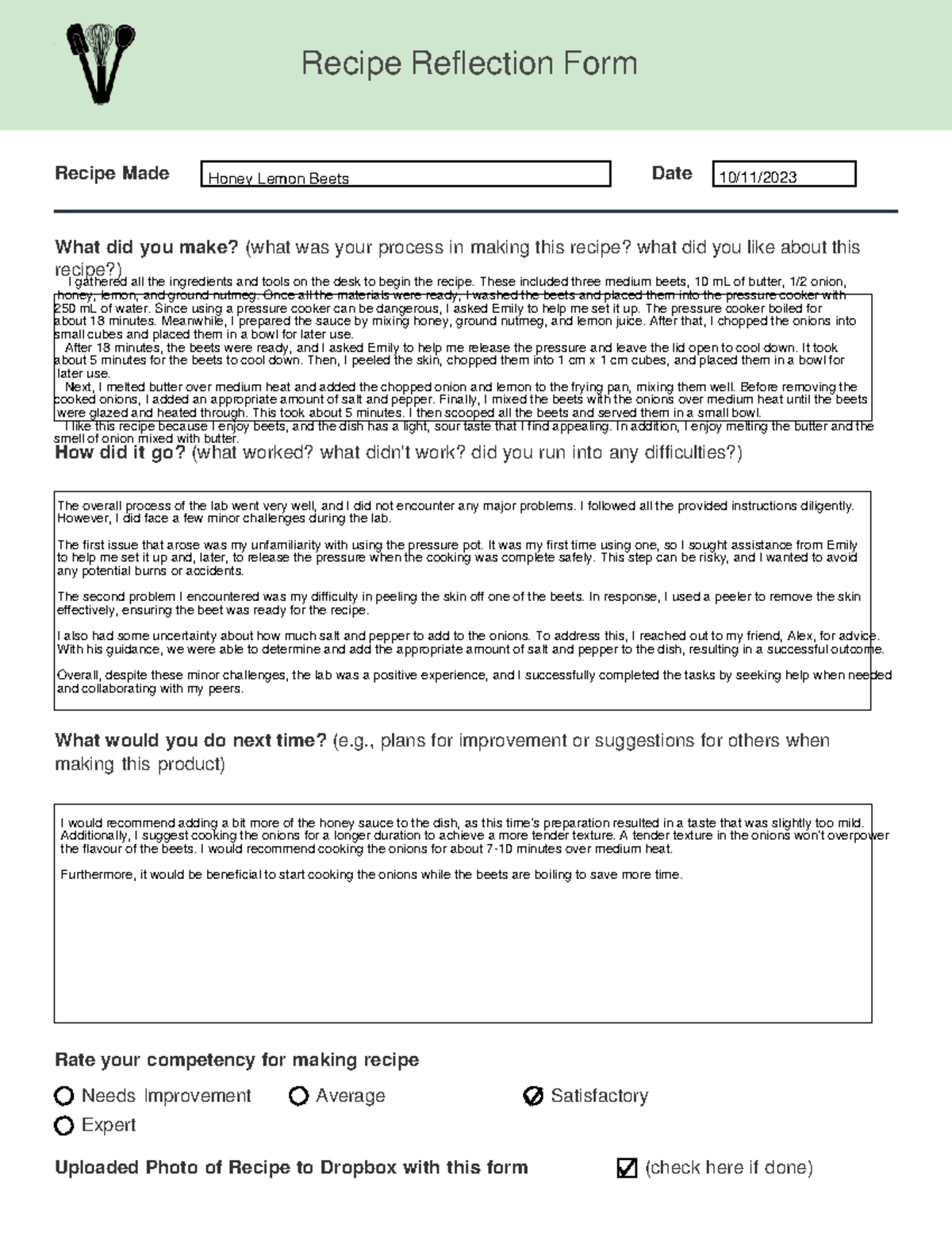 Recipe Reflection Form (2) - Recipe Made Date What did you make? (what ...