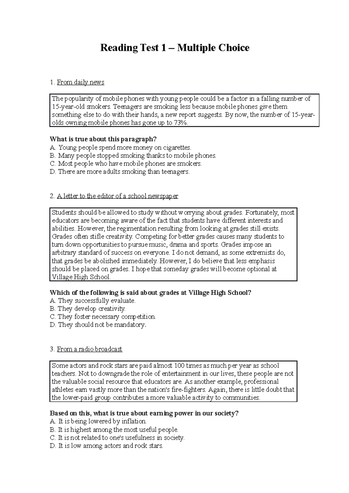 Reading Test 1 - nm ,m - Reading Test 1 – Multiple Choice From daily ...