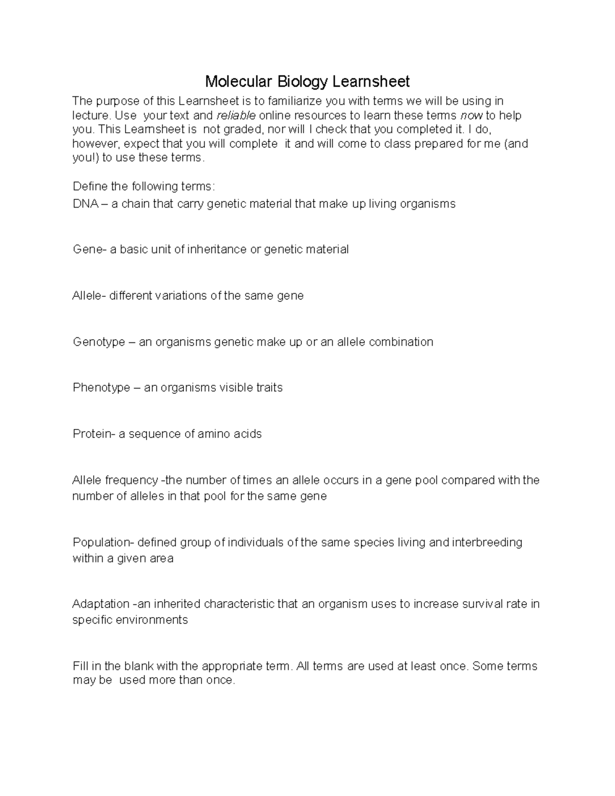 Molecular Biology Learnsheet - Use your text and reliable online ...