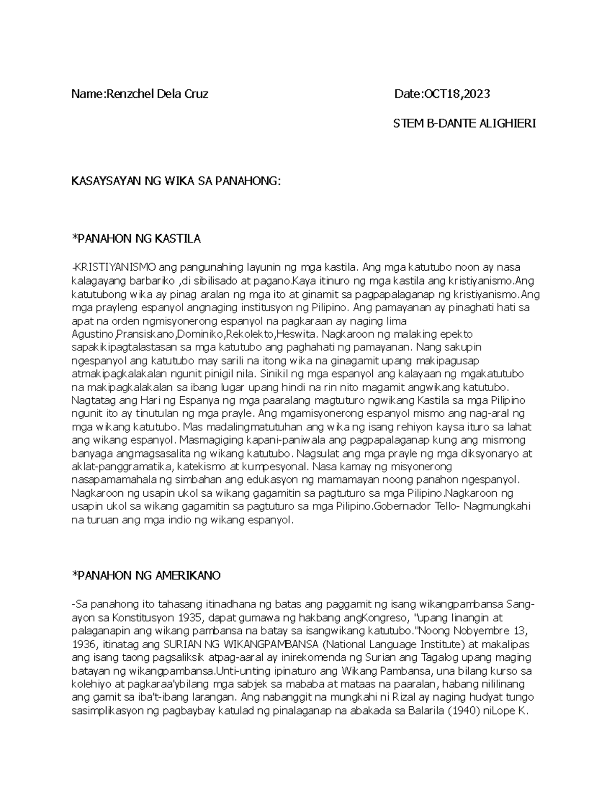 Atang file - HOPE SOME HELPS - Name:Renzchel Dela Cruz Date:OCT18, STEM ...