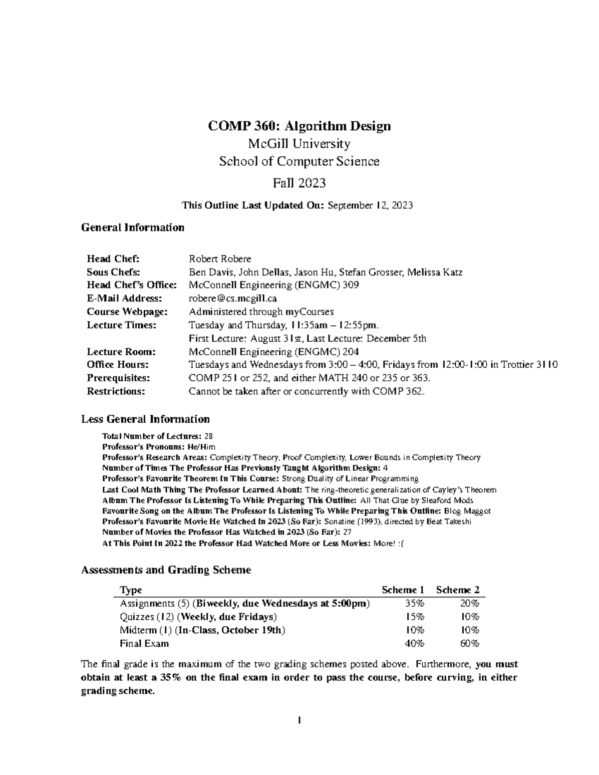 Outline-360 - COMP 360 - COMP 360: Algorithm Design McGill University School of Computer Science ...