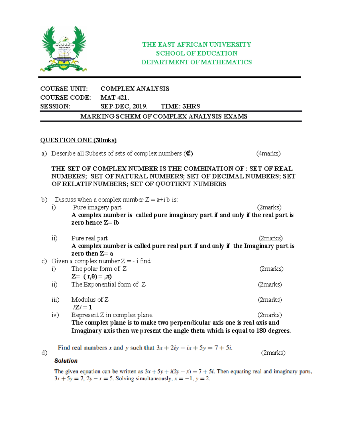 Marking schem Complex - THE EAST AFRICAN UNIVERSITY SCHOOL OF EDUCATION ...