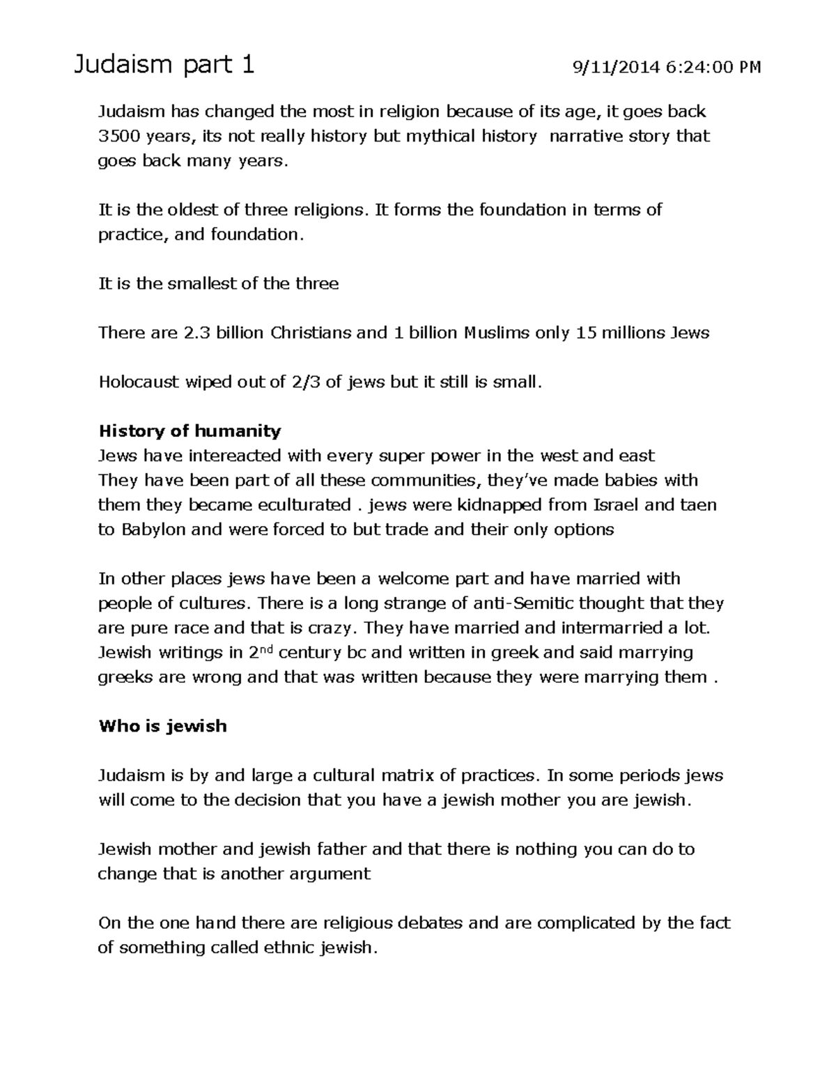 Lecture notes, course Judaism Reli 1710 part 1 - Judaism part 1 9/11 ...
