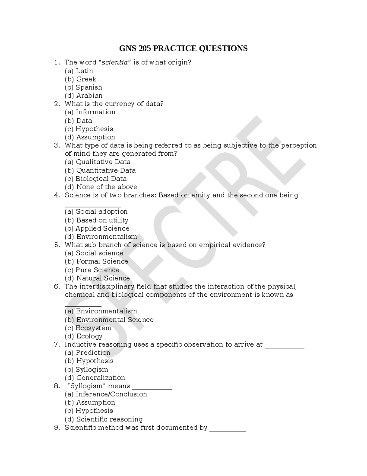 GNS 205 Practice Questions - GNS 205 PRACTICE QUESTIONS The word ...