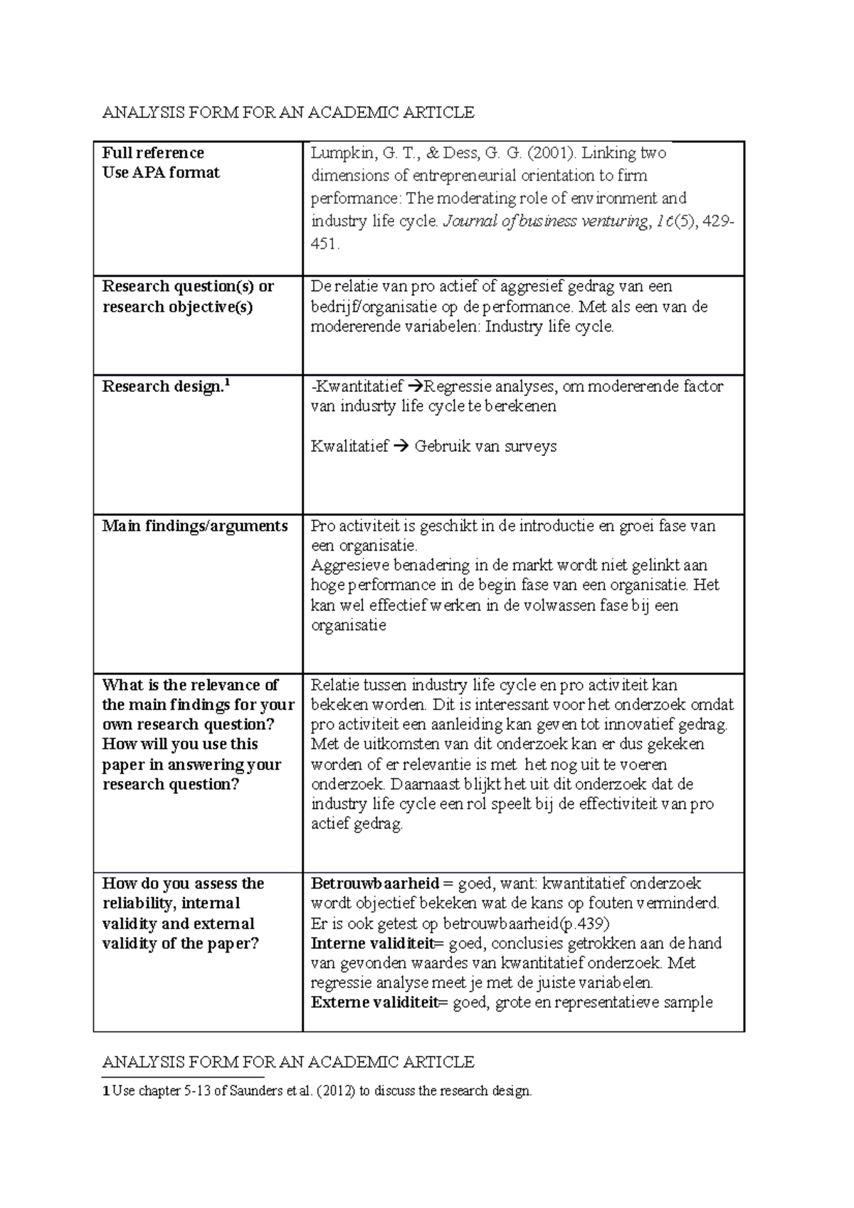 Literatuur analyse - ANALYSIS FORM FOR AN ACADEMIC ARTICLE Full ...