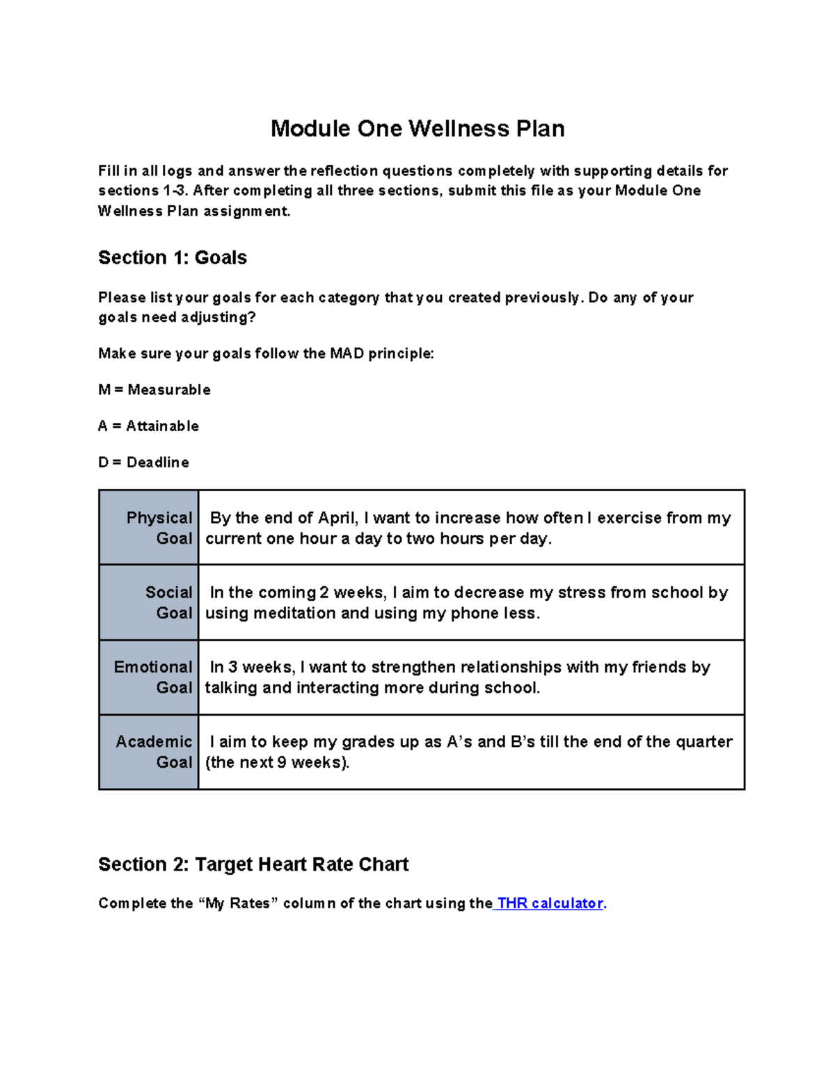 Module One Wellness Plan - After completing all three sections, submit ...