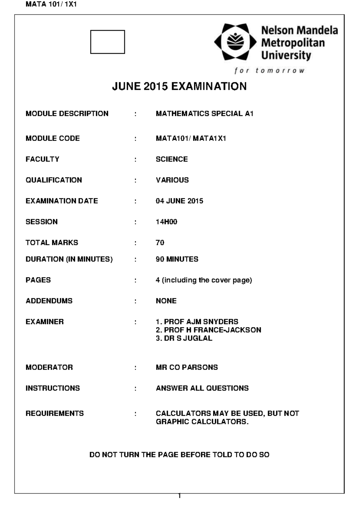MATA Examination Paper - June 2015 - JUNE 2015 EXAMINATION MODULE ...