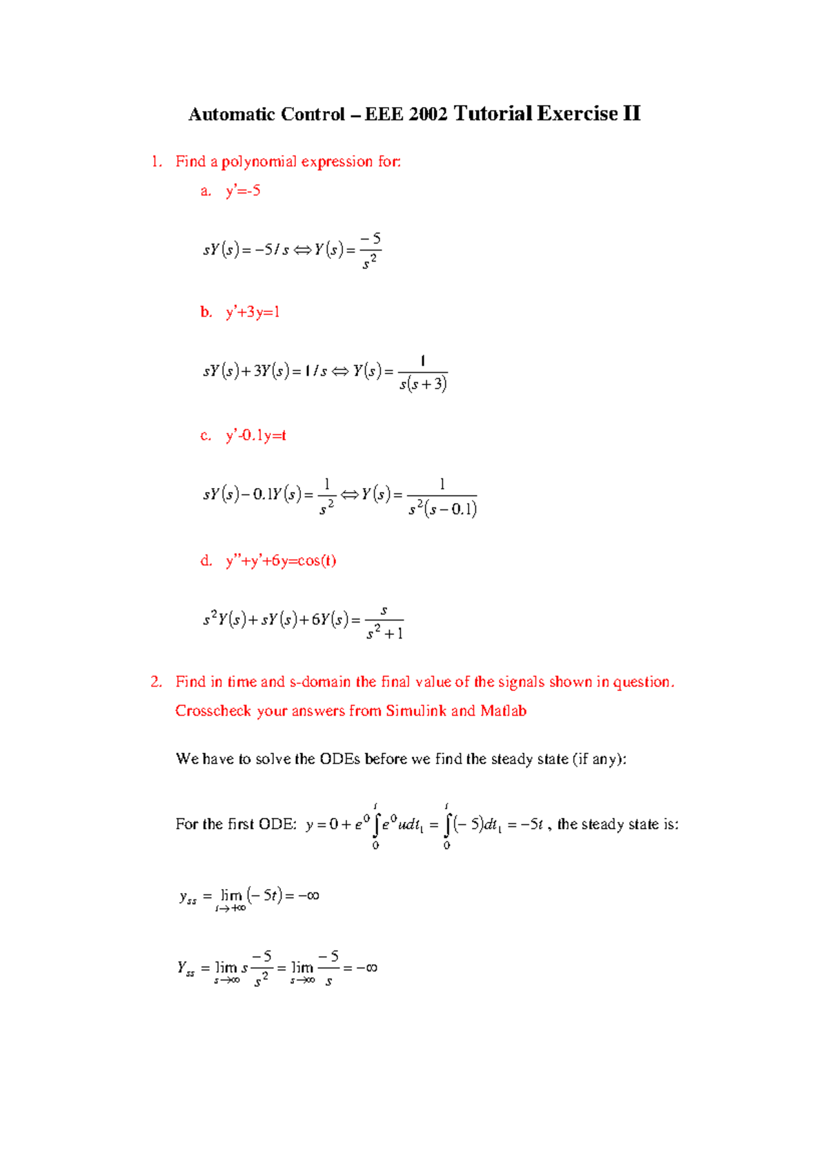 Solution of Tutorial 2 - Automatic Control – EEE 2002 Tutorial Exercise II Find a polynomial ...