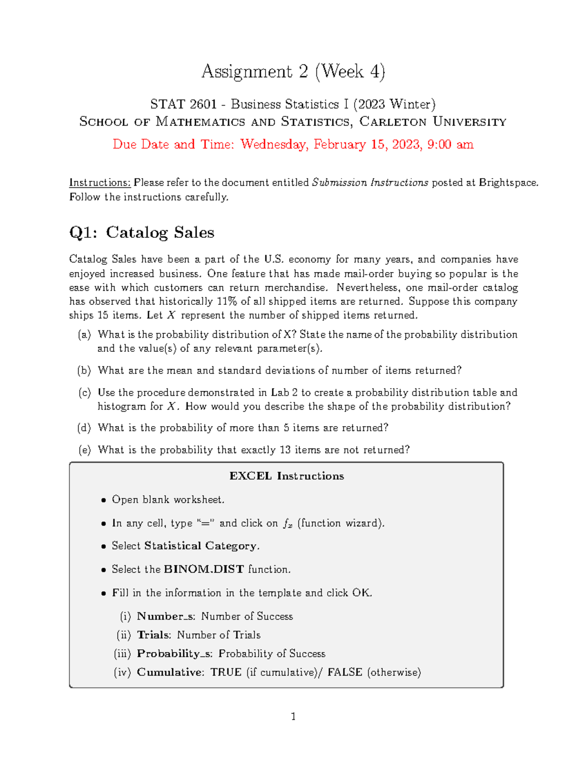 STAT2601 Assignment 2 W23 - Assignment 2 (Week 4) STAT 2601 - Business Statistics I (2023 Winter ...