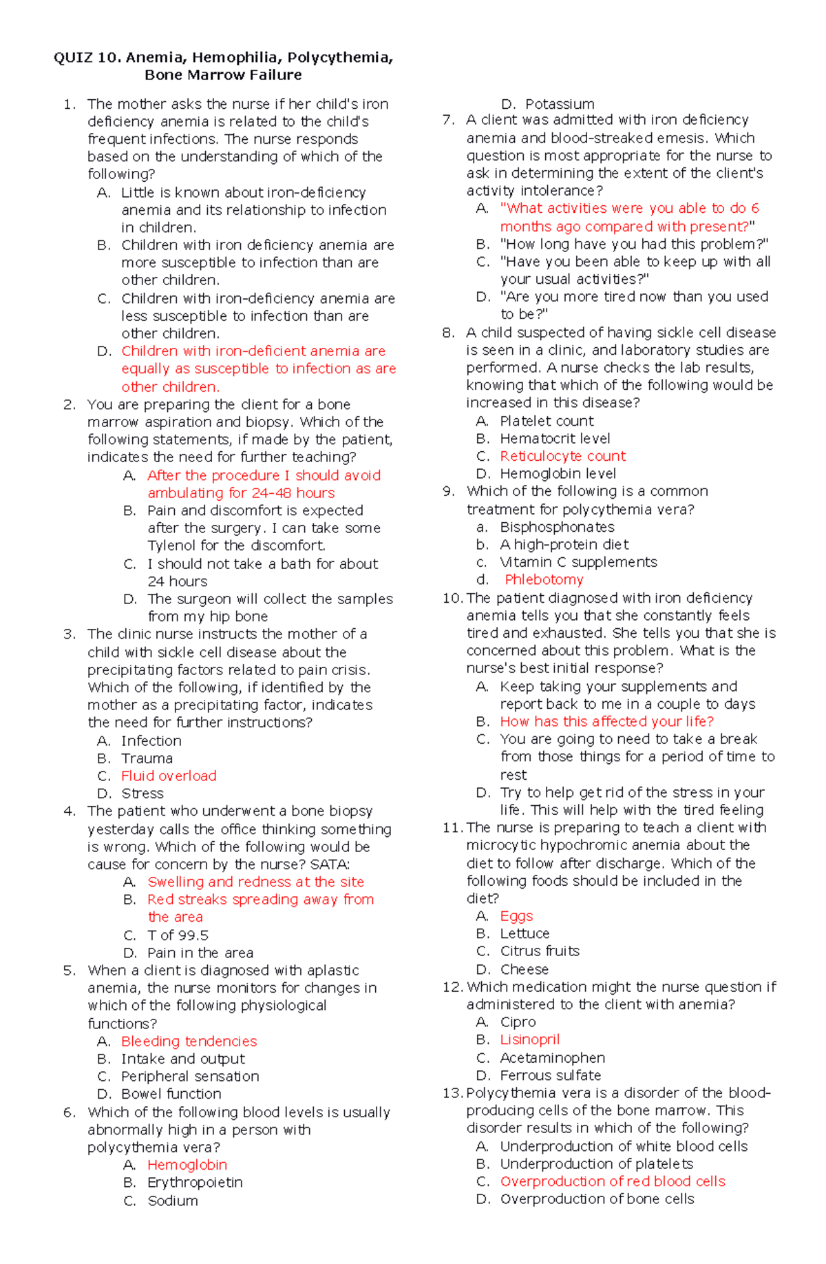 Updated Answer KEY FOR QUIZ 10 - QUIZ 10. Anemia, Hemophilia ...