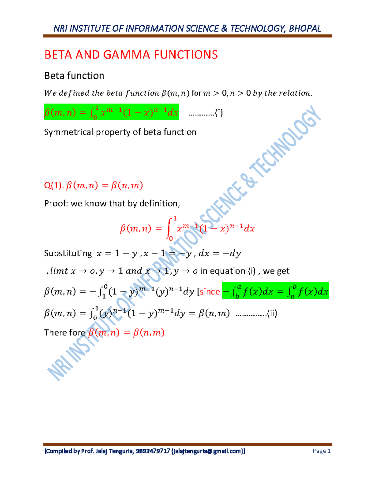 Beta & gamma -converted - BETA AND GAMMA FUNCTIONS Beta function 𝑊𝑒 𝑑𝑒𝑓𝑖𝑛𝑒𝑑 𝑡ℎ𝑒 𝑏𝑒𝑡𝑎 𝑓𝑢𝑛𝑐𝑡𝑖𝑜𝑛 𝛽 ...
