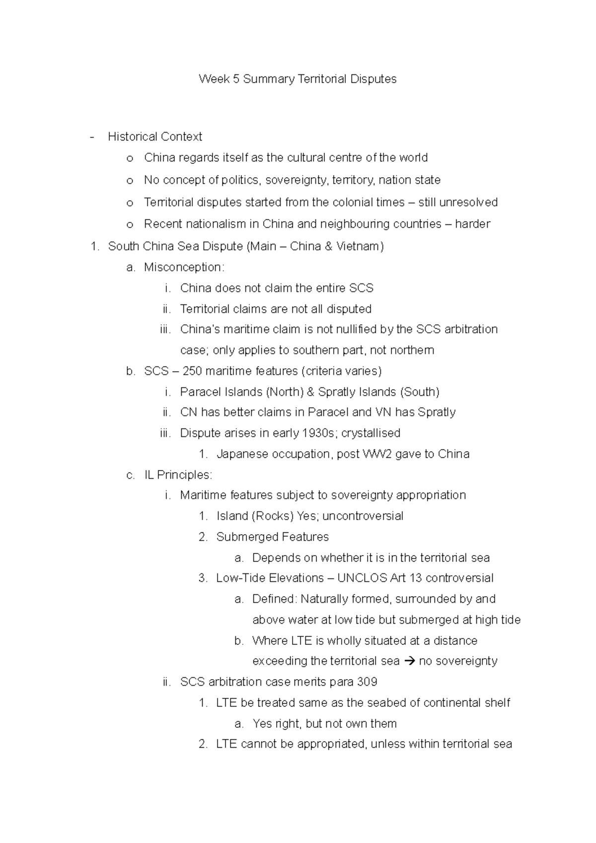 Week 5 Summary Summarised And Consolidated Notes Week 5 Summary Territorial Disputes