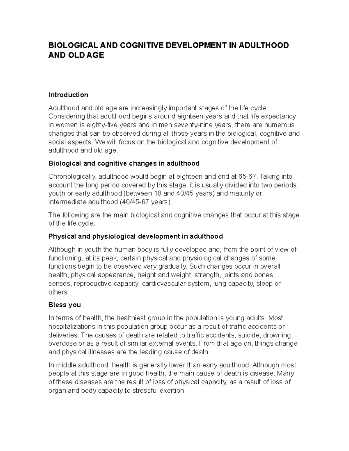 Biological and cognitive development in adulthood and old age ...