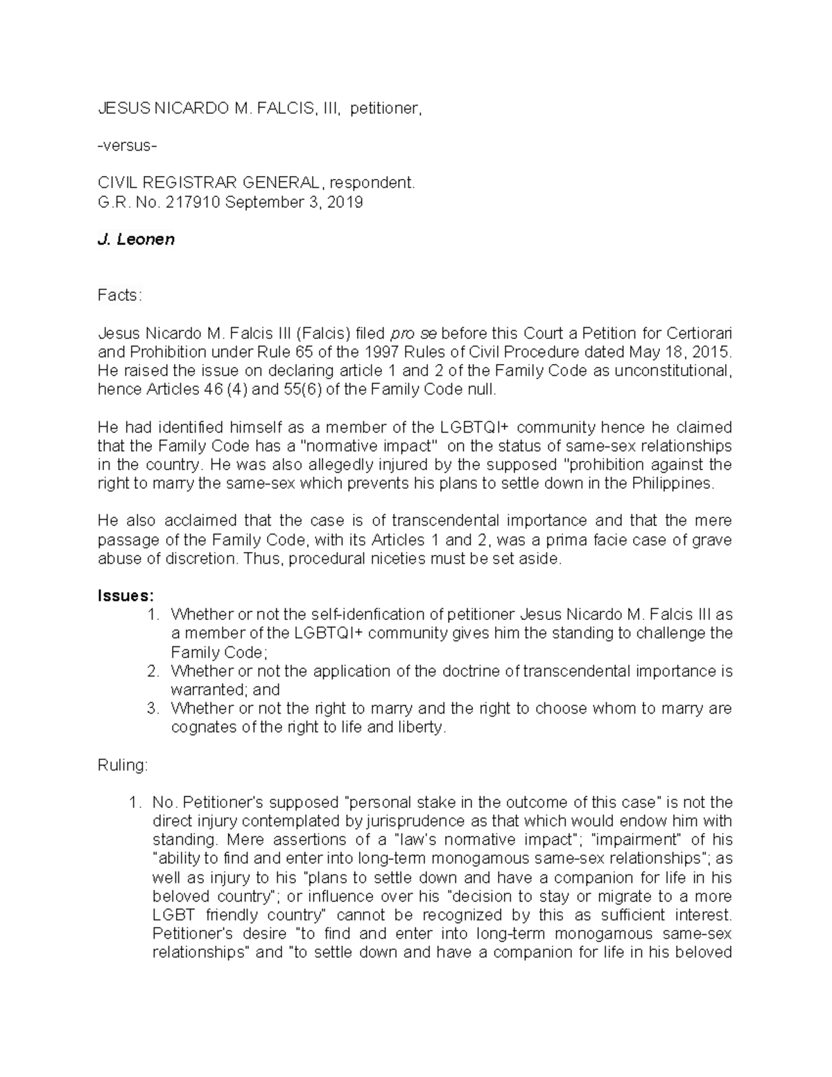 Scribd vdownloaders com falcis v civil registrar case digest assignment ...