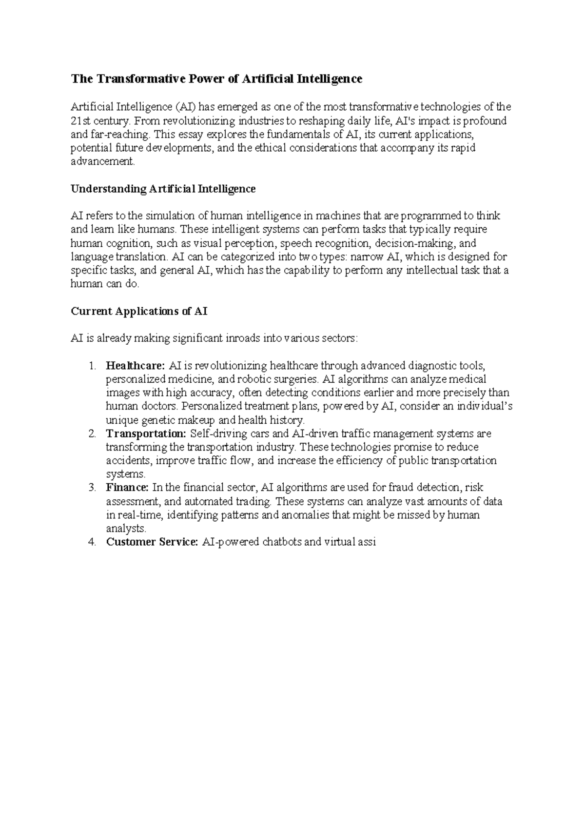 AI essay - The Transformative Power of Artificial Intelligence ...