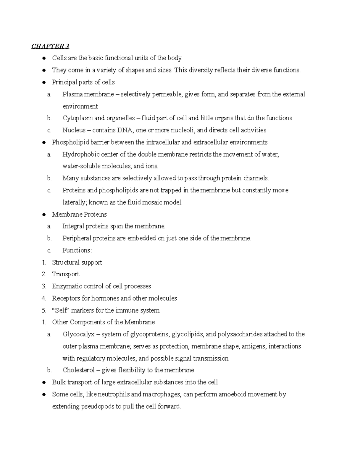 BIOL 3430 Notes Chapter 3 - CHAPTER 3 Cells are the basic functional ...