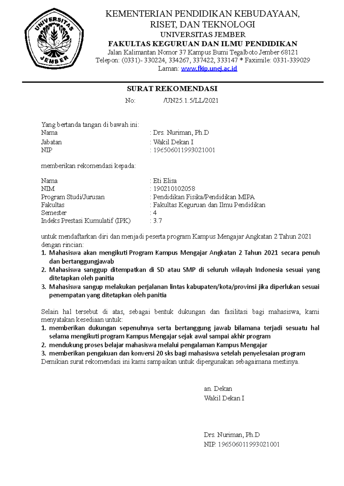 Surat Rekomendasi Kampus Mengajar - KEMENTERIAN PENDIDIKAN KEBUDAYAAN ...