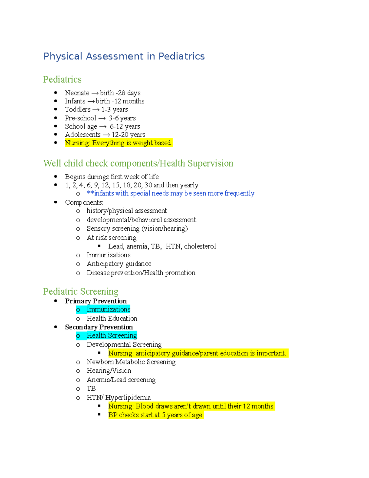 Physical Assessment - Well child check components/Health Supervision ...