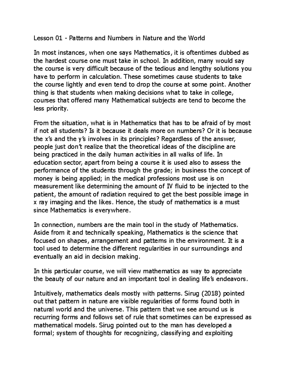 MMW Prelim Lesson - n/a - Lesson 01 - Patterns and Numbers in Nature and the World In most - Studocu