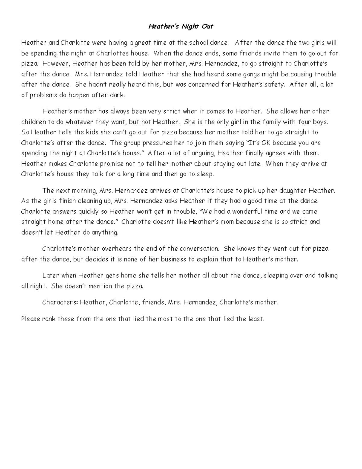 - Values Activity - Heather’s Night Out Heather and Charlotte were ...