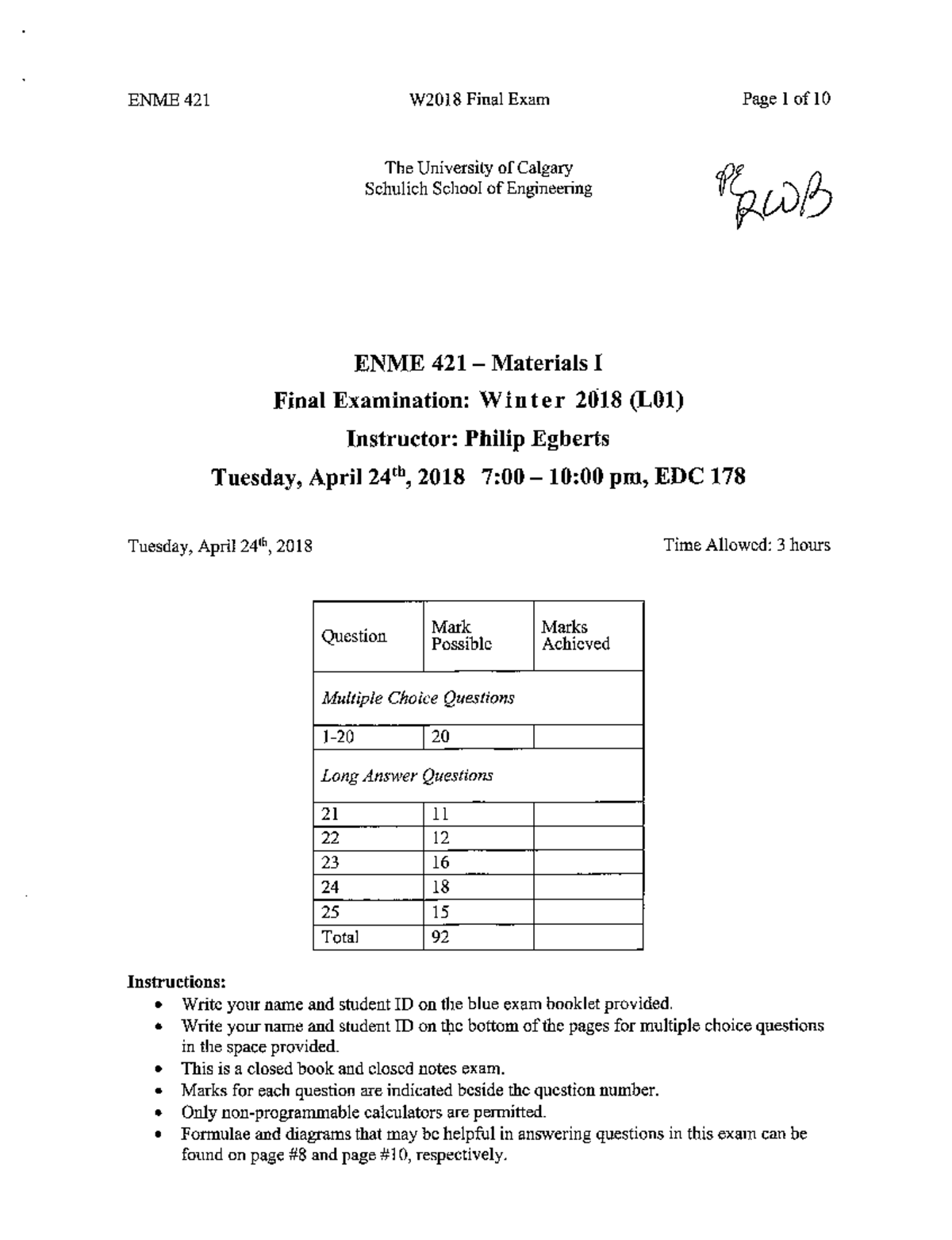Final Exam ENME 421 - past exam - ENME 421 W2018 Final Exam: Multiple ...