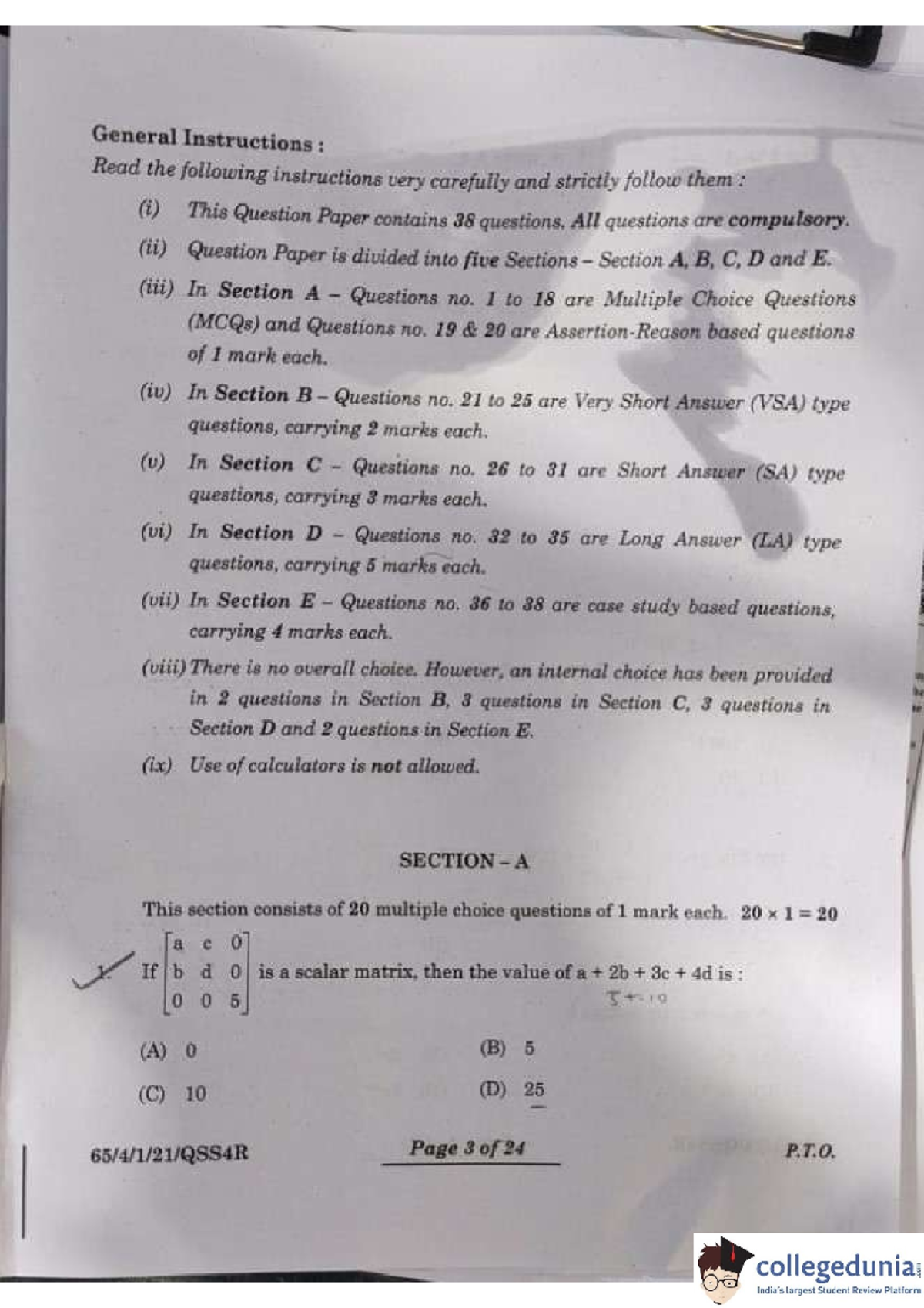 CBSE Class 12 Mathematics Question Paper 2024 Set 1 65 4 1 ...