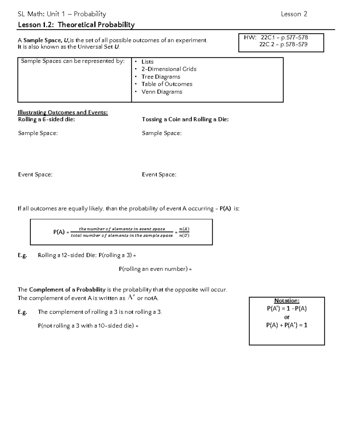 Lesson 1.2 - Sample Space and Theoretical Probability - SL Math: Unit 1 ...
