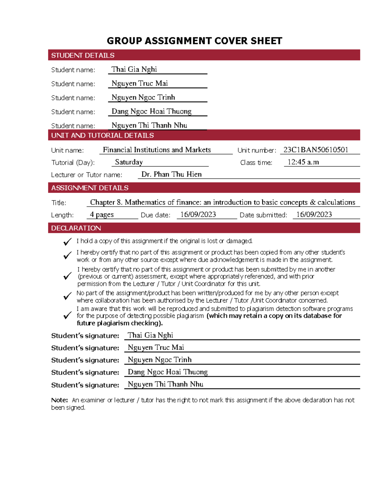 Group 1-Class FIM-Saturday - GROUP ASSIGNMENT COVER SHEET STUDENT ...