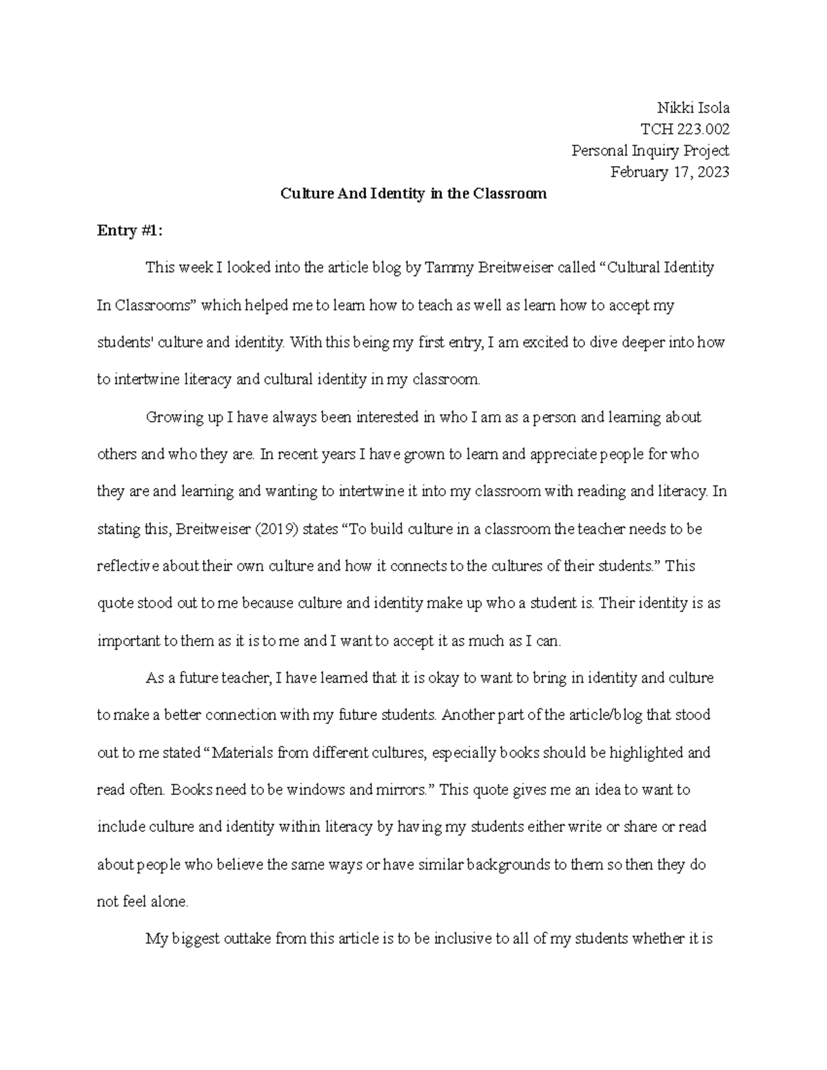 Personal Inquiry Project - Nikki Isola TCH 223. Personal Inquiry ...