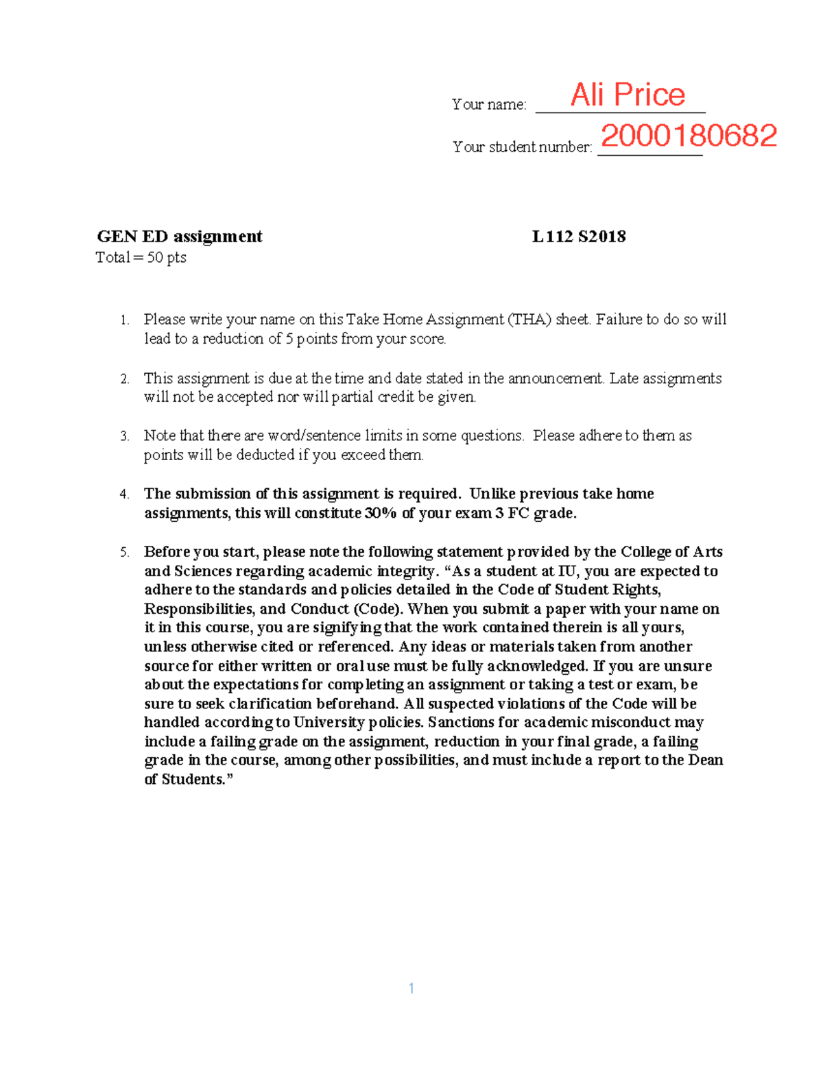 L112 THA Gen Ed assignment - Ali Price Your student number: Your name ...