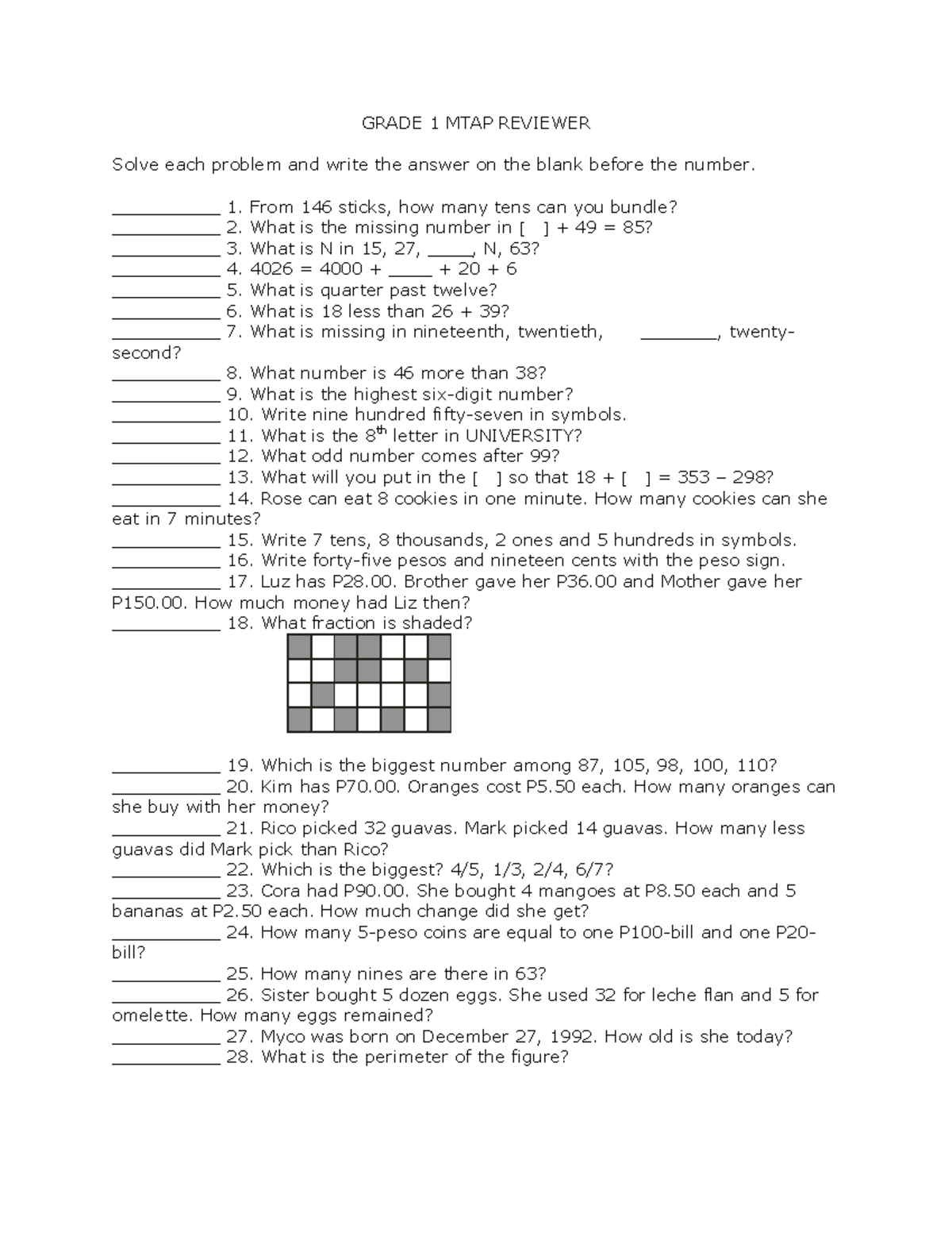 Toaz - qwertyuio - GRADE 1 MTAP REVIEWER Solve each problem and write ...