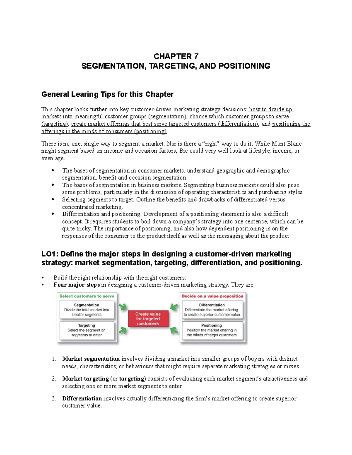 Chapter 7 Note - CHAPTER 7 SEGMENTATION, TARGETING, AND POSITIONING General Learing Tips for ...