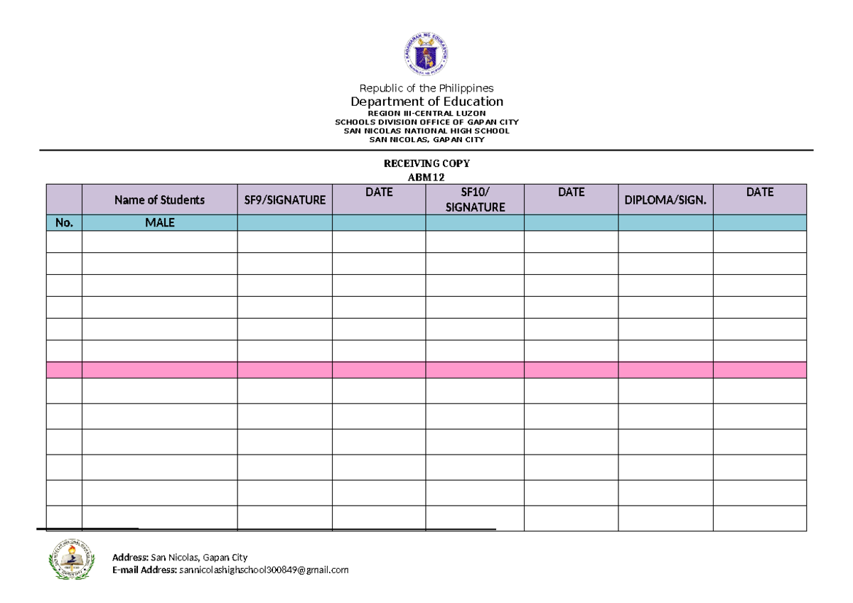 Receiving COPY - Address: San Nicolas, Gapan City Department of ...