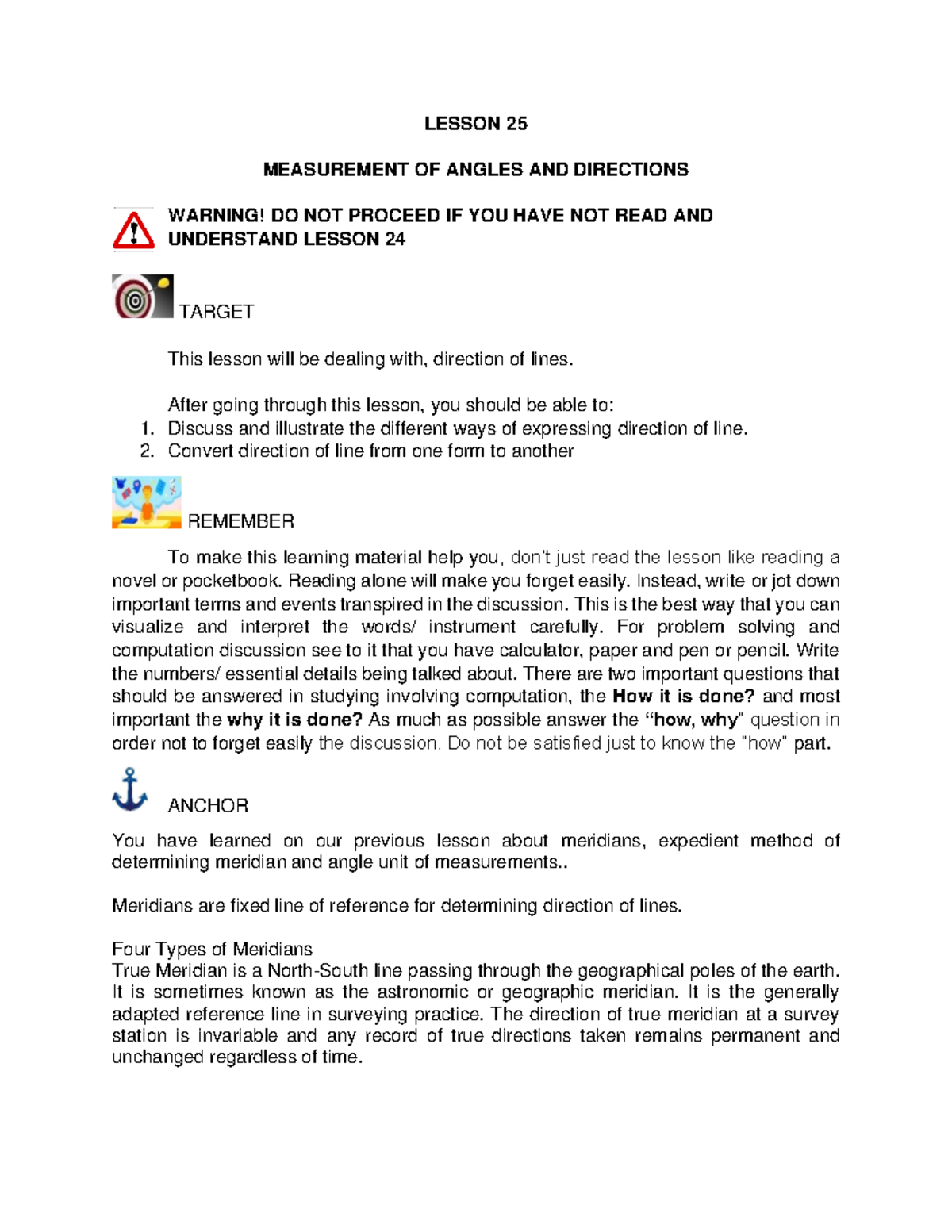 LM ABE 12 Lesson 25 - survey - LESSON 25 MEASUREMENT OF ANGLES AND ...
