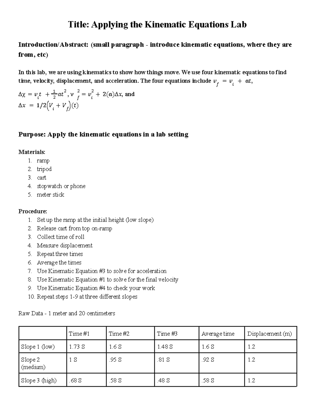 Applying the Kinematic Equations Lab - Title: Applying the Kinematic ...