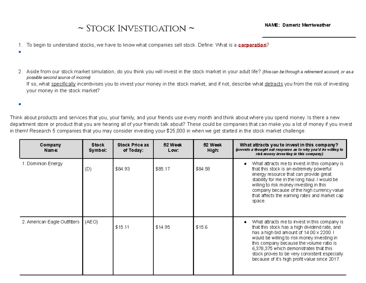 Copy of Stock Investigation - ~ Stock Investigation ~ NAME: Dameriz ...