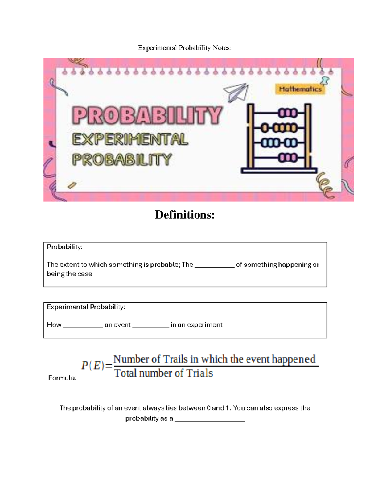 Experimental Probability clean copy of Notes - Experimental Probability ...