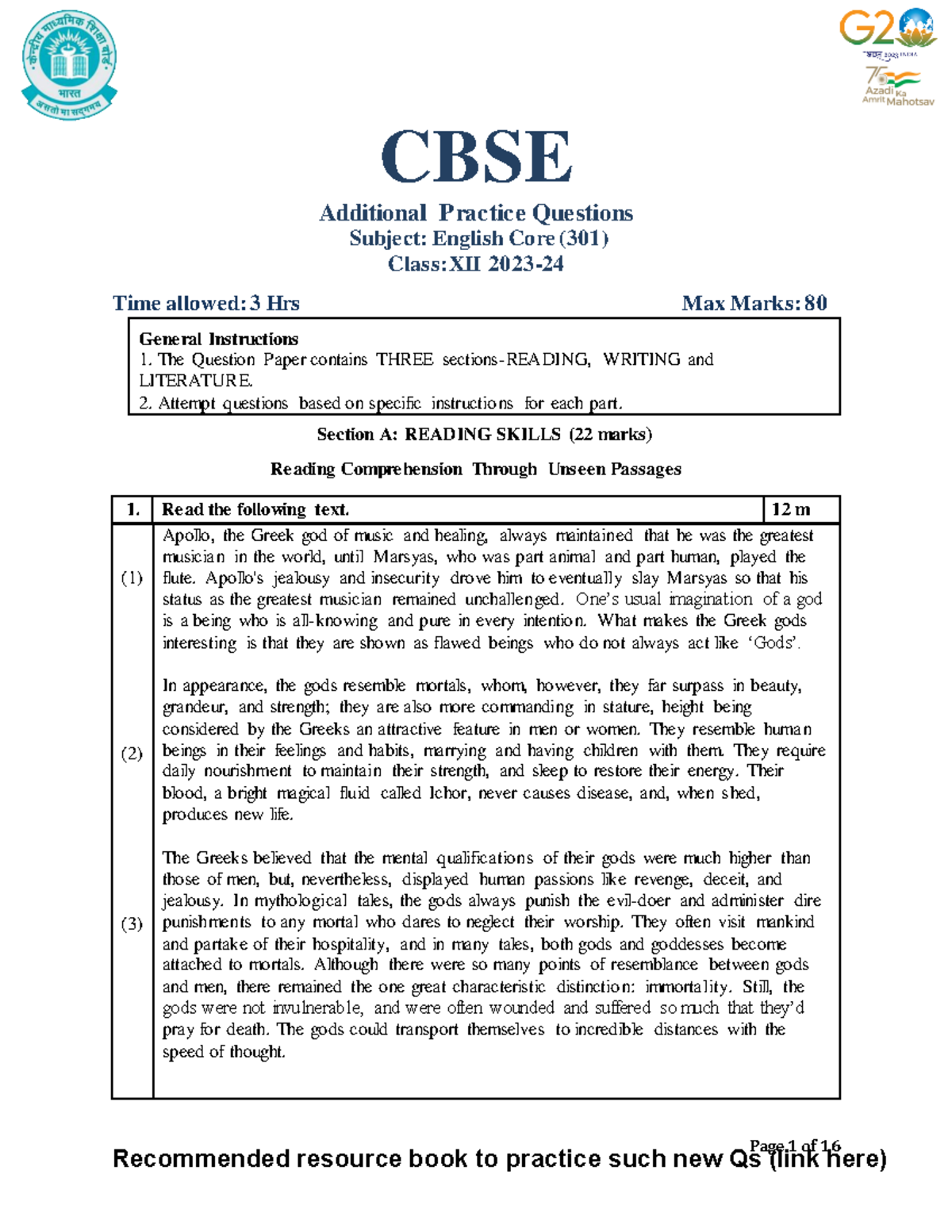 Class 12 English Core Sample Paper 2023-24 - Page 1 of 16 CBSE ...